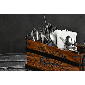 Utensil Caddy Silverware Cutlery Holder with 3 Compartment, Wooden Utensil Crock Flatware Organizers with Iron Stand, Rustic Kitchen Utensil Organizers for Farmhouse Kitchen and Countertop