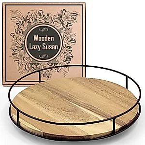 DECORSTATION Wooden Lazy Susan Organizer, 12.5 Inches - Round Lazy Susan for Table, Artistic Acacia Wood with Sturdy Black Steel Bar - 360 Degree Smooth Rotating – Suitable for Countertops & Cabinets