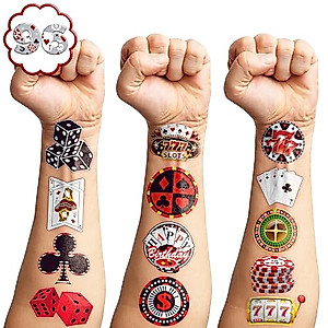 Casino Theme Temporary Tattoos Birthday Party Decorations Favors Decor Supplies Cute Tattoo Stickers 8 Sheets 96 PCS Gifts for Kids Boys Girls Games Classroom Rewards Prizes Carnival Christmas