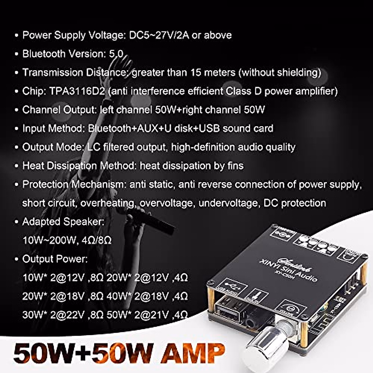 XY-C50H Bluetooth Amplifier Board, TPA3116D2 HiFi Chip 12-24V DC Input,Support USB Sound Card/USB Flash, AUX, Bluetooth Multiple Input Modes (XY-C50H with 12V/5A DC Power Adapter