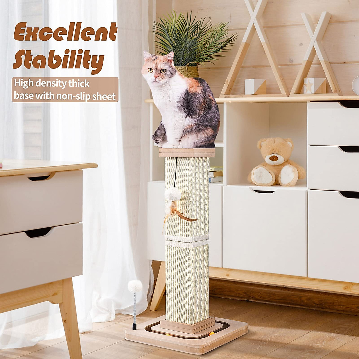 LIFLIX 27" Cat Scratching Post, Sisal Cat Scratcher with Interactive Track Balls and Hanging Balls, Vertical Scratching Posts for Indoor Cats and Kittens
