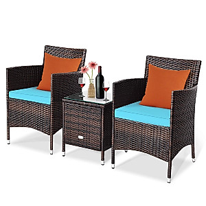Tangkula Patio Furniture Set 3 Piece, Outdoor Wicker Rattan Conversation Set with Coffee Table, Chairs & Thick Cushions, Suitable for Patio Garden Lawn Backyard Pool