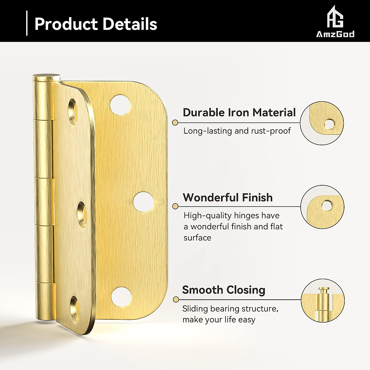 AmzGod Door Hinges Satin Brass - 12 Pack Gold Door Hinges 3.5 Inch Rounded Interior Door Hinges with 5/8" Radius - 3 1/2 Inches Flat Iron Brass Hinges for Residential Standard Doors