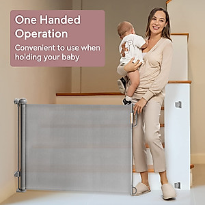 Momcozy Retractable Baby Gate, Alarm Mesh Baby Gate or Mesh Dog Gate, 33 inches high, extends to 55 inches Wide, Child Safety gate for doorways, Stairs, hallways, Indoor/Outdoor.