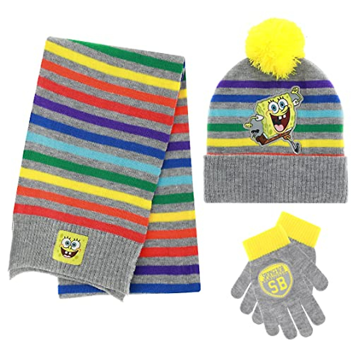 Spongebob Squarepants Winter Hat, Scarf, and Snow Gloves for Kids, 3 Pc. Set, Warm and Cute Pom-Pom Beanie Boys Girl Toddler