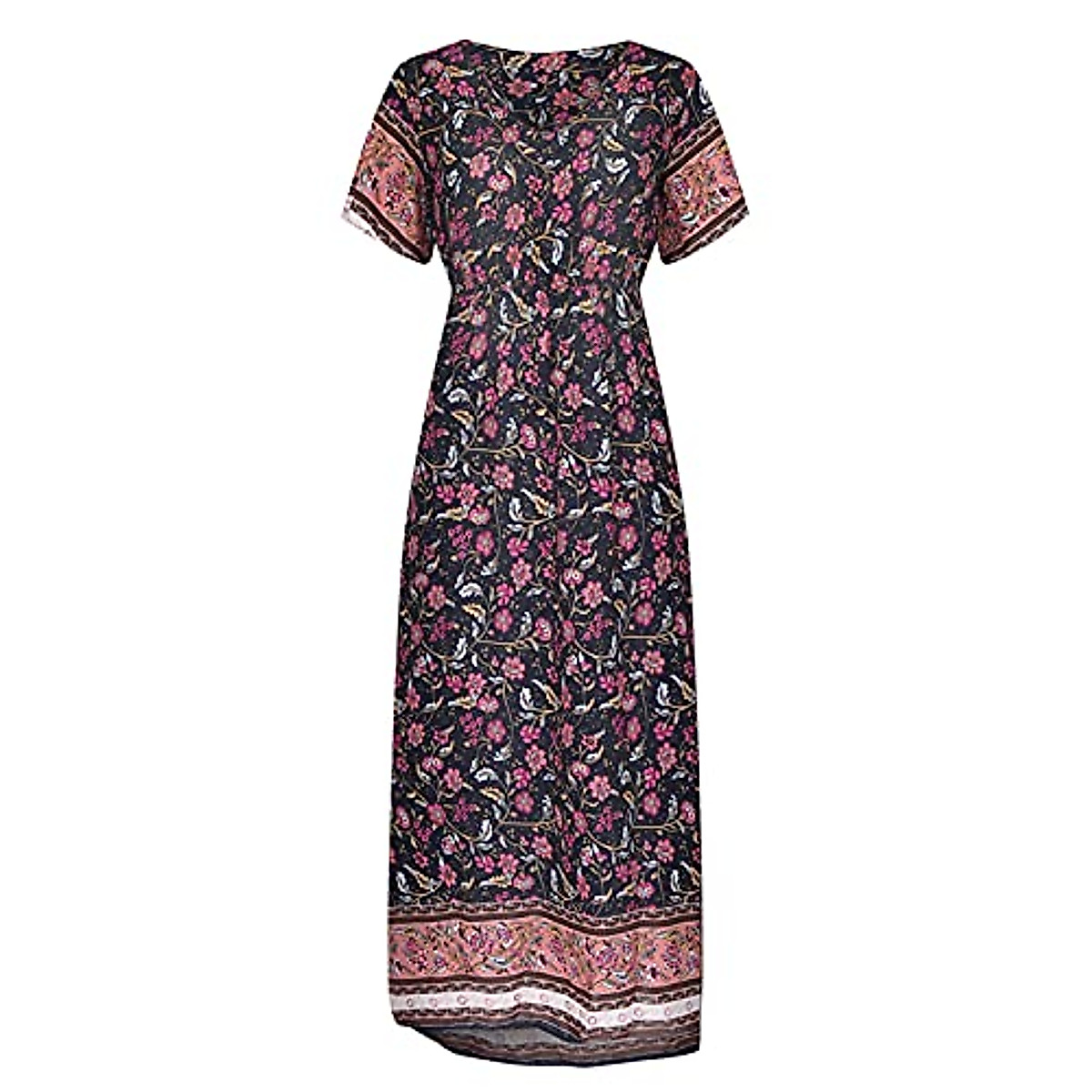 WYTong Women’s Dresses Summer Casual Dress Sexy V Neck Short Sleeves Floral Flowy Pleated Beach Maxi Dress(Navy,Small)