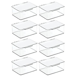 mDesign Small Plastic Home Office Storage Organizer Box Containers w/Hinged Lid for Desktops - Holds Pens, Pencils, Sticky Notes, Highlighters, Staples, Supplies - Lumiere Collection, 8 Pack - Clear