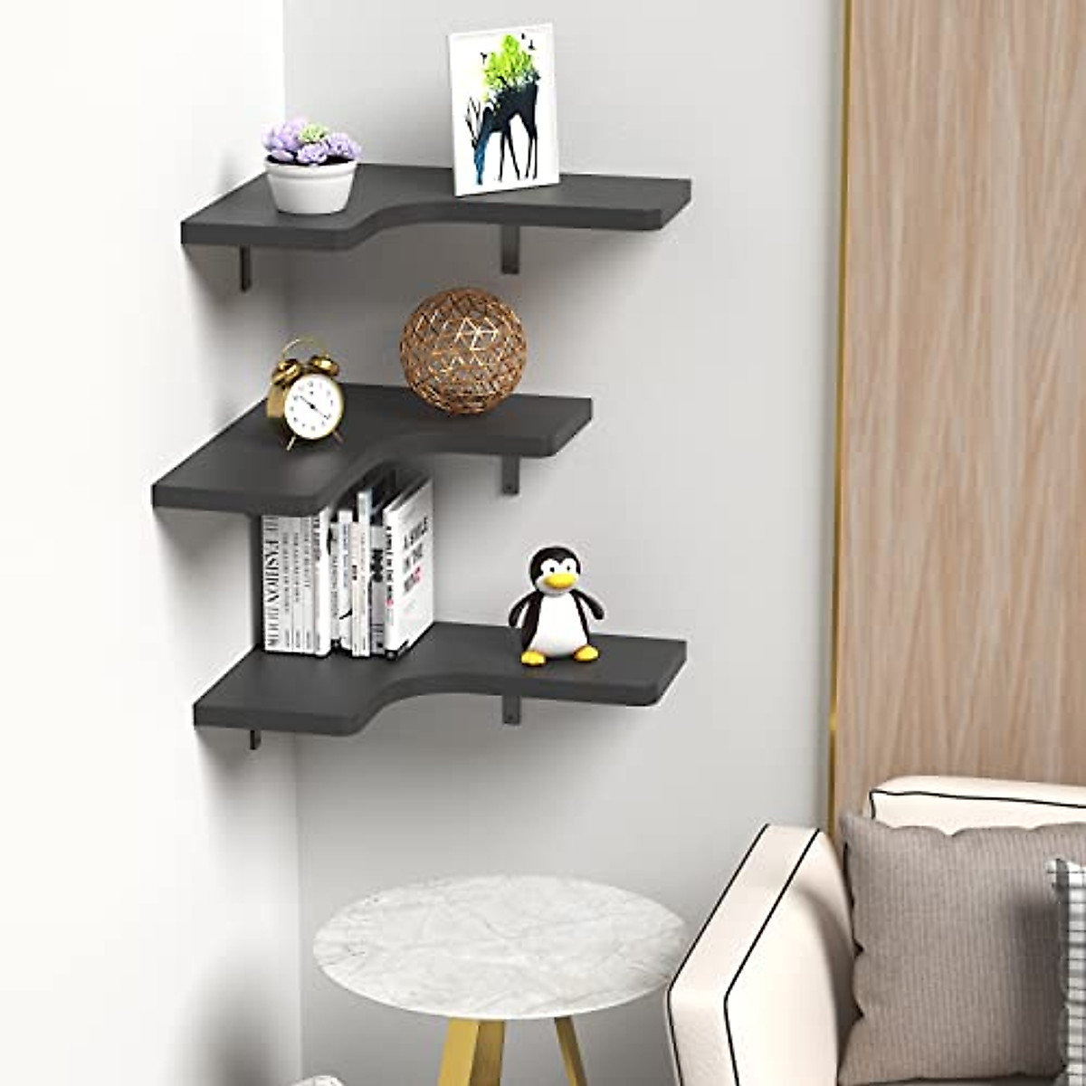 Buwico Corner Floating Shelves, Black Wall Mount Corner Shelf, Rustic Wood Wall Storage Shelves Set of 3, Solid Wood Corner Wall Shelf for Bedroom, Living Room, Bathroom, Kitchen, Office (Black)