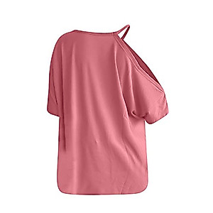 Women's Summer Fashion O-Neck Strapless Solid Short Sleeve Shirts Tops Loose T Shirt(Pink, M)