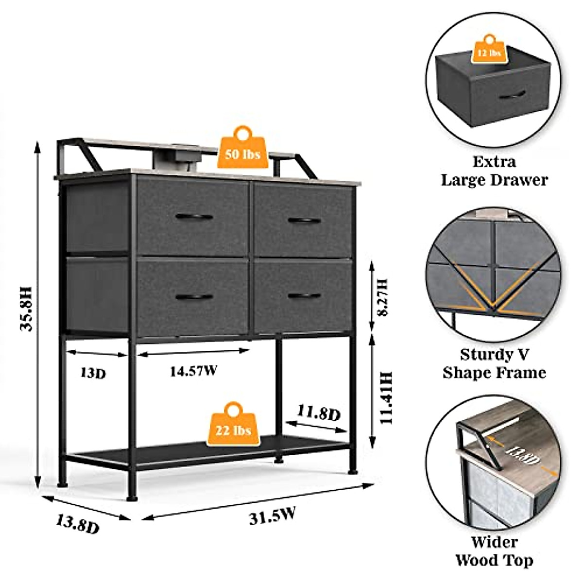 Dresser for Bedroom - Fabric Dresser TV Stand with Charging station, Drawer Dresser Organizer with Wood Top Sturdy Steel Frame, Extra Deep Drawer Storage Tower for Closet Living Room Entryway