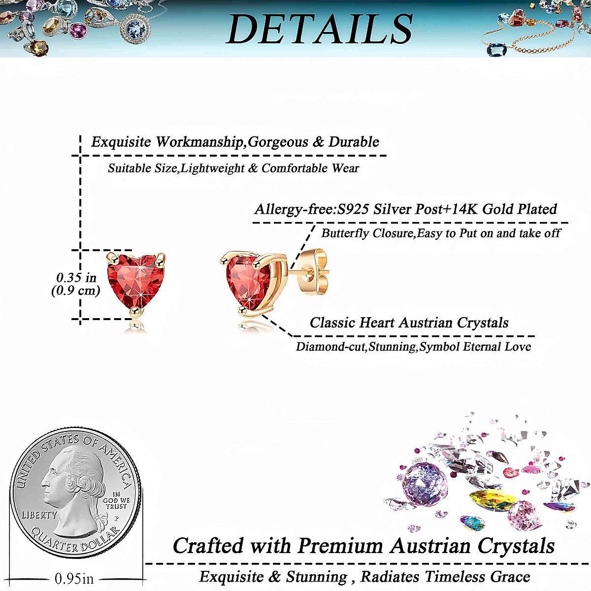 Heart Austrian Crystal Stud Earrings for Women Fashion 925 Sterling Silver Hypoallergenic Jewelry (Red)
