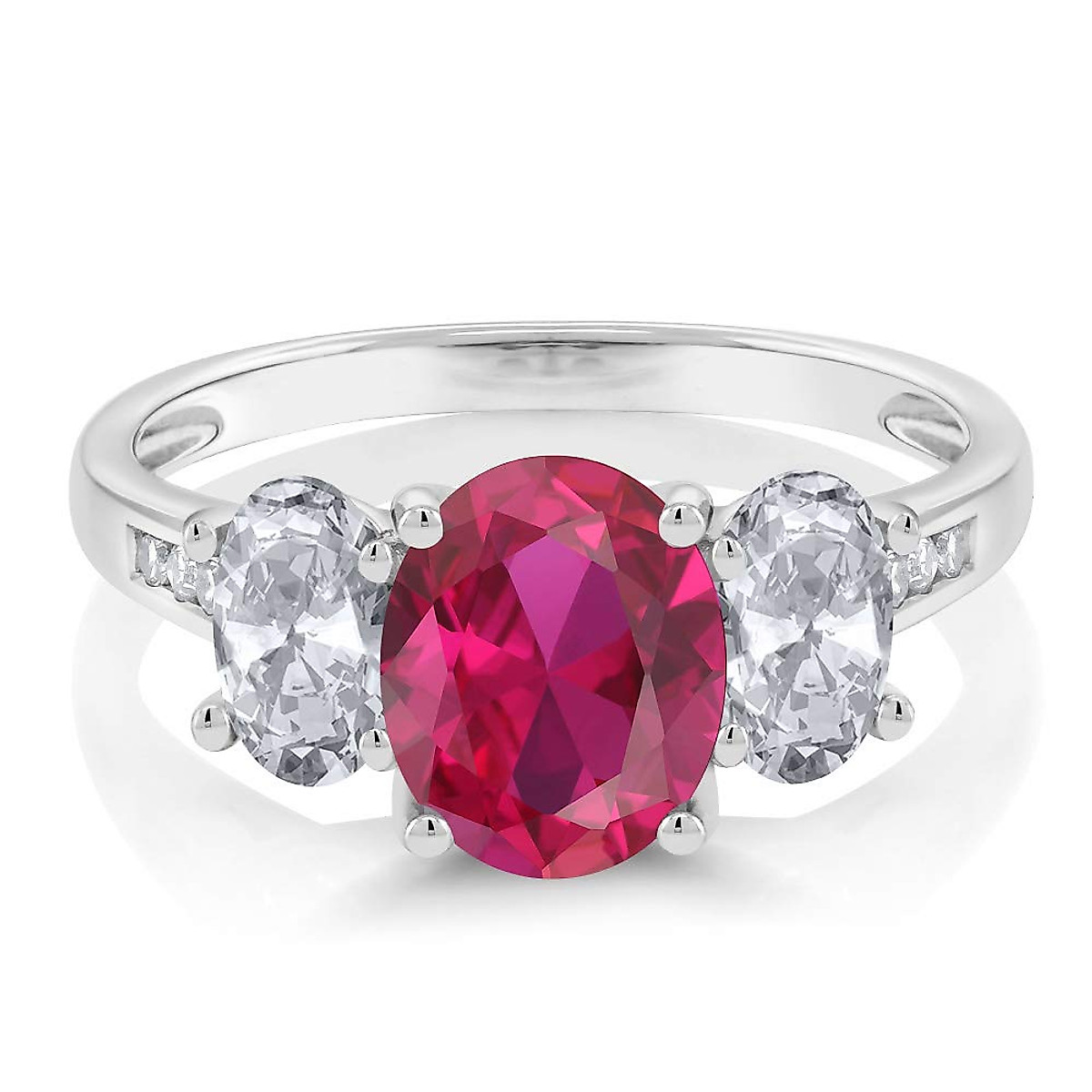 Gem Stone King 10K White Gold Red Created Ruby White Topaz and White Diamond Oval 3-Stone Engagement Ring For Women (2.15 Cttw, Gemstone July Birthstone, Available In Size 5, 6, 7, 8, 9)