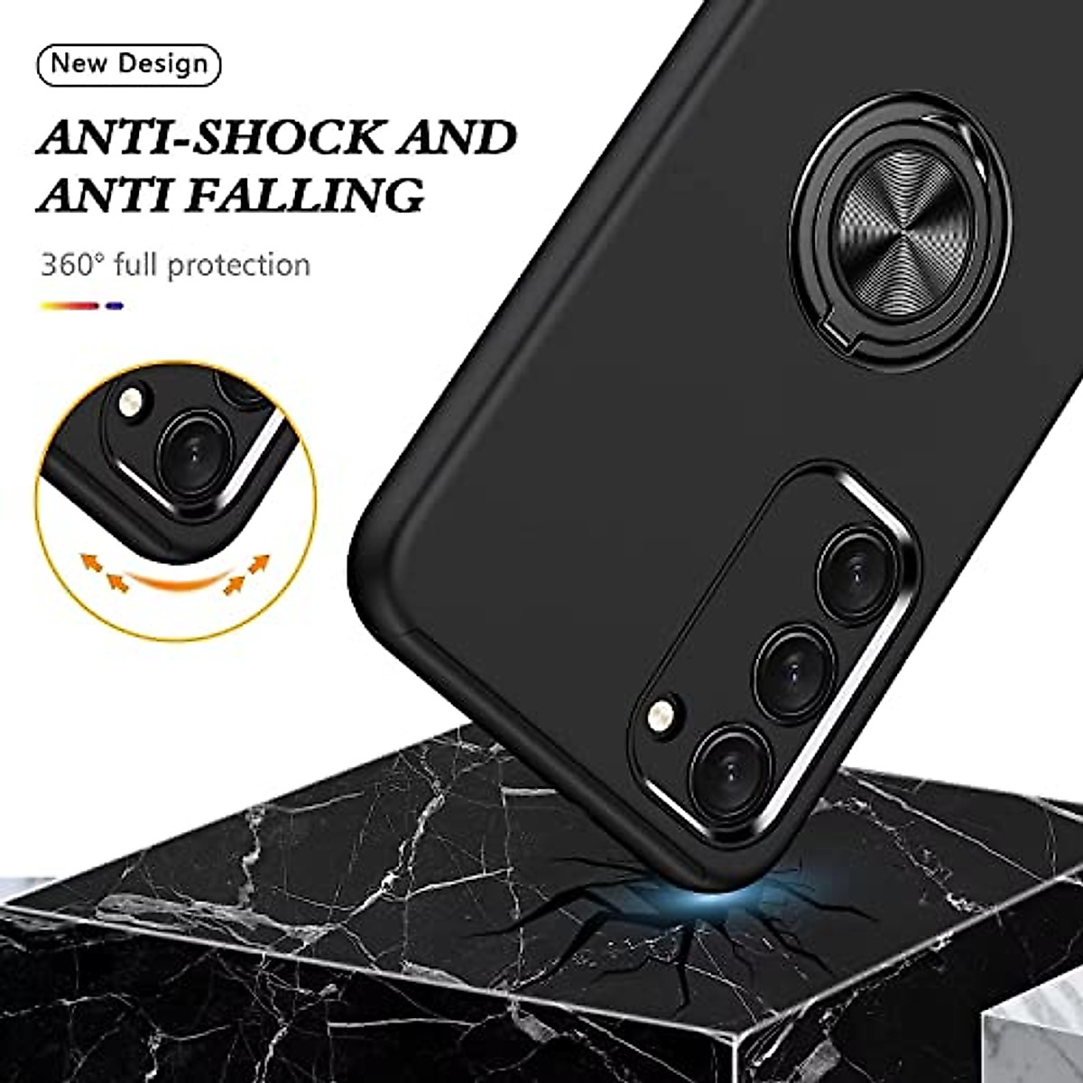 YRMJK S23 Plus Case,Built in 2 Screen Protectors + 2 Camera Lens Protector,Military Grade,3D Full Cover with Kickstand Ring Case for Samsung Galaxy S23 Plus 5G Black