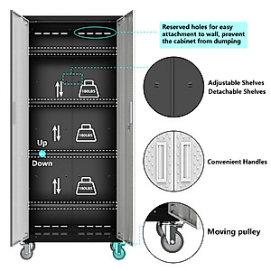 Tall Metal Garage Storage Cabinet, 72" Tool Storage Cabinet Utility Locker with Wheels, Adjustable Shelves & Locking Doors- Pantry Cabinets for Kitchen, Bathroom, Laundry Room, Basement Organization
