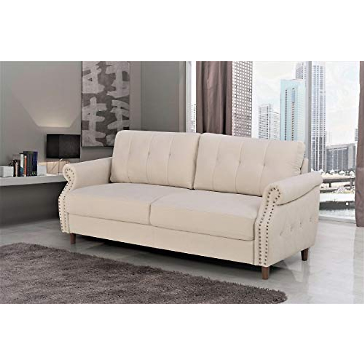 Container Furniture Direct Briscoe Ultra Modern Upholstered Button Tufted Back with Rolled Arms Living Room, Sofa, Biscuit