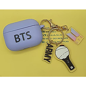 BT-S Airpods Pro Case with Kpop Bangtan Boys Army Bomb Keychain, Protective Premium Silicone Cover Compatible with Apple Airpods Pro (Purple)