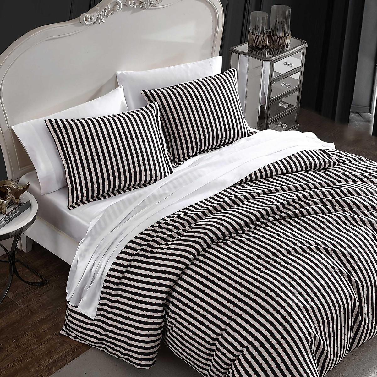 Betsey Johnson - King Duvet Cover, Soft Bedding Set with Matching Shams, Chic Home Decor (Wonderland Stripe Black, King)