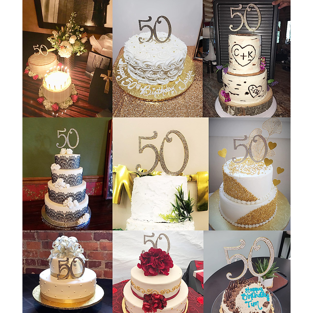 Honbay 50 Birthday Cake Topper Sparkly Bling Alloy Crystal Rhinestones Cake Topper Cake Decoration for 50th Birthday or Anniversary Party (Gold)