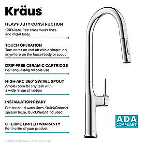 KRAUS Oletto Tall Modern Single-Handle Touch Kitchen Sink Faucet with Pull Down Sprayer in Chrome, KTF-3101CH