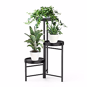 iDavosic.ly 3 Tiers Corner Plant Stand for Indoor Outdoor, Foldable Small Tiered Plants Holder Display Rack with 3 Trays, Flower Pot Tall Shelf for Living Room Balcony Garden Patio (Round, Black)
