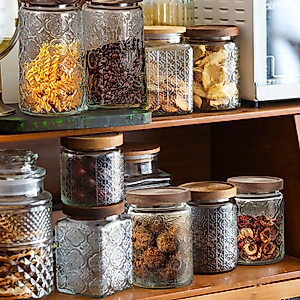 24 OZ Glass Storage Jar with Airtight Bamboo Wooden Lids, Vintage Food Containers Canisters Sets for Kitchen Counter Pantry, Sugar, Flour, Candy, Tea, Coffee Beans, Oats, Grain Bin, Pasta, Cereal