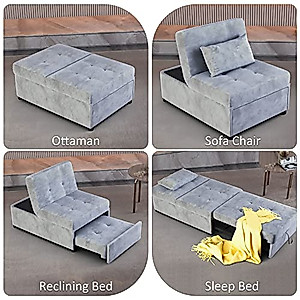 PHOYAL Deck Chair, Sofa Bed Convertible Chair 4 in 1 Multi-Function Folding Ottoman Modern Breathable Linen Guest Bed with Adjustable Sleeper for Small Room Apartment, Grey