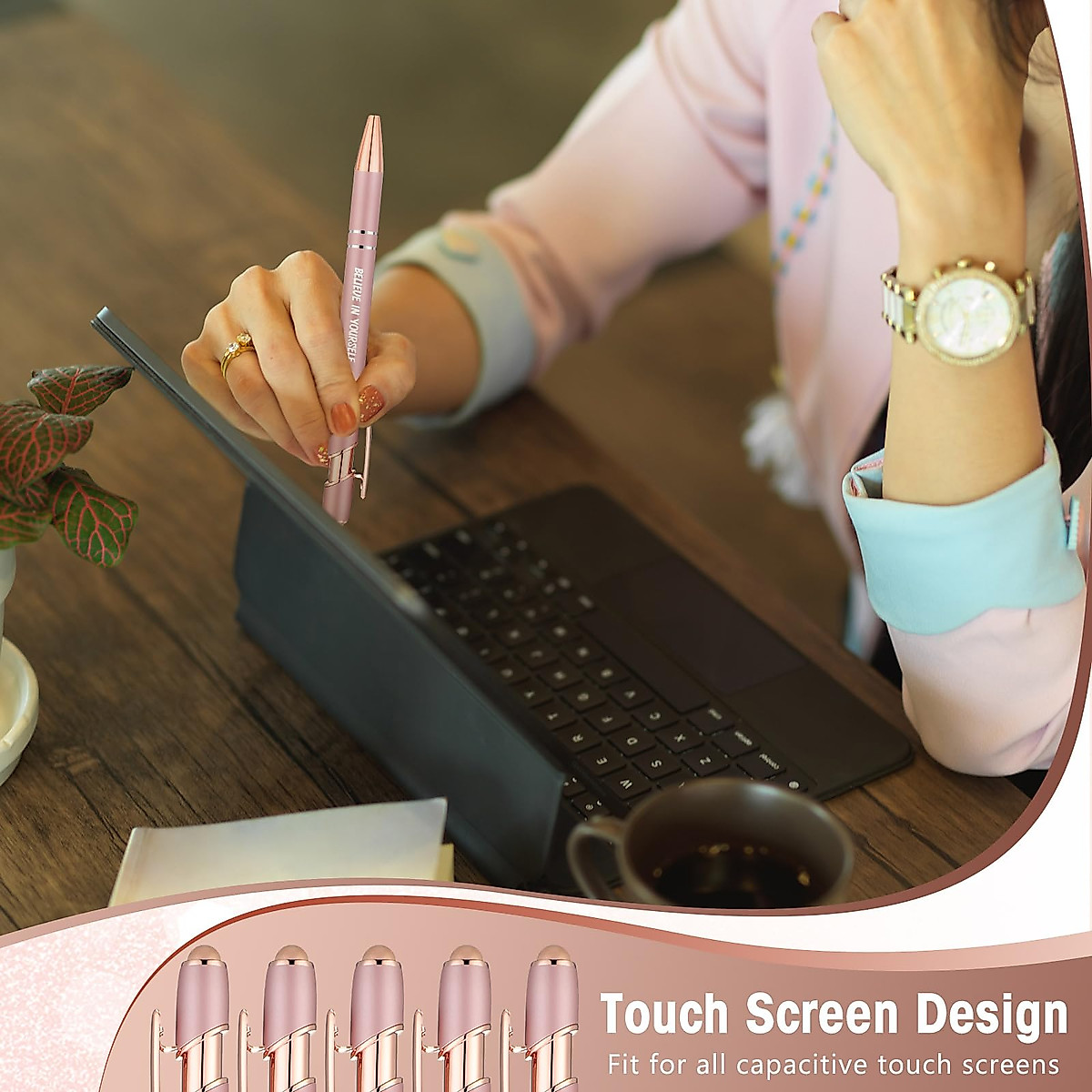 Yeaqee 24 Pcs Inspirational Ballpoint Pens Motivational Black Ink Retractable Quotes Pen with Stylus Tip Encouraging Message for Women Men Writing Office School Christmas Gift(Rose Gold)