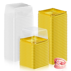 GothaBach 100 Set 3" Plastic Square Containers with Lids Cupcake Boxes Muffin Pod Dome Muffin Single Container Box for Wedding Birthday Gifts Supplies (Golden)
