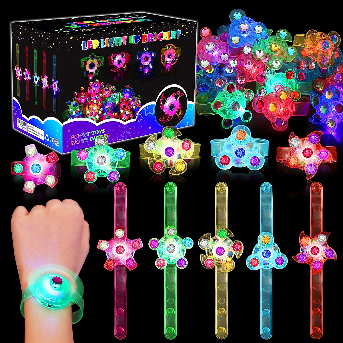 BSTCRAFT 22 Pack LED Light Up Fidget Spinner Bracelets, Glow in The Dark Party Supplies Party Favors for Kids Lights Up Bracelet Goodie Bag Filler Fidget Toy Treasure Box Gifts Birthday Christmas