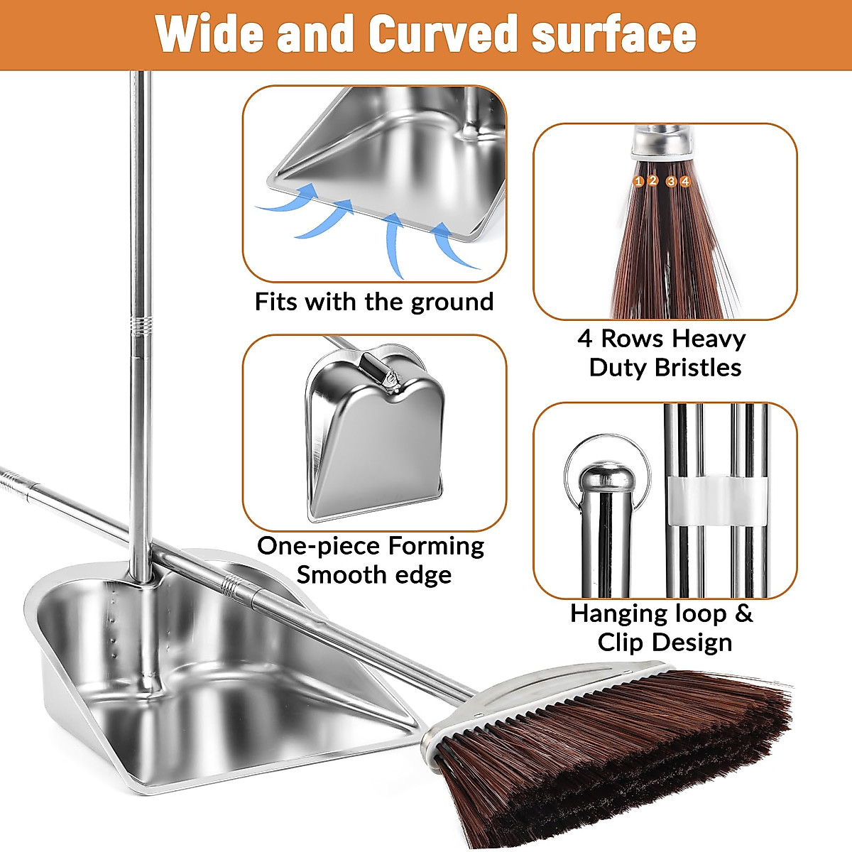 VOOWO Broom with Dustpan Combo Set, 46" Stainless Steel Broom and Dustpan Set for Home, Heavy Duty Dust Pan with Long Handle, Broom for Sweeping Indoor and Outdoor, Kitchen Broom and Dust Pan (Brown)