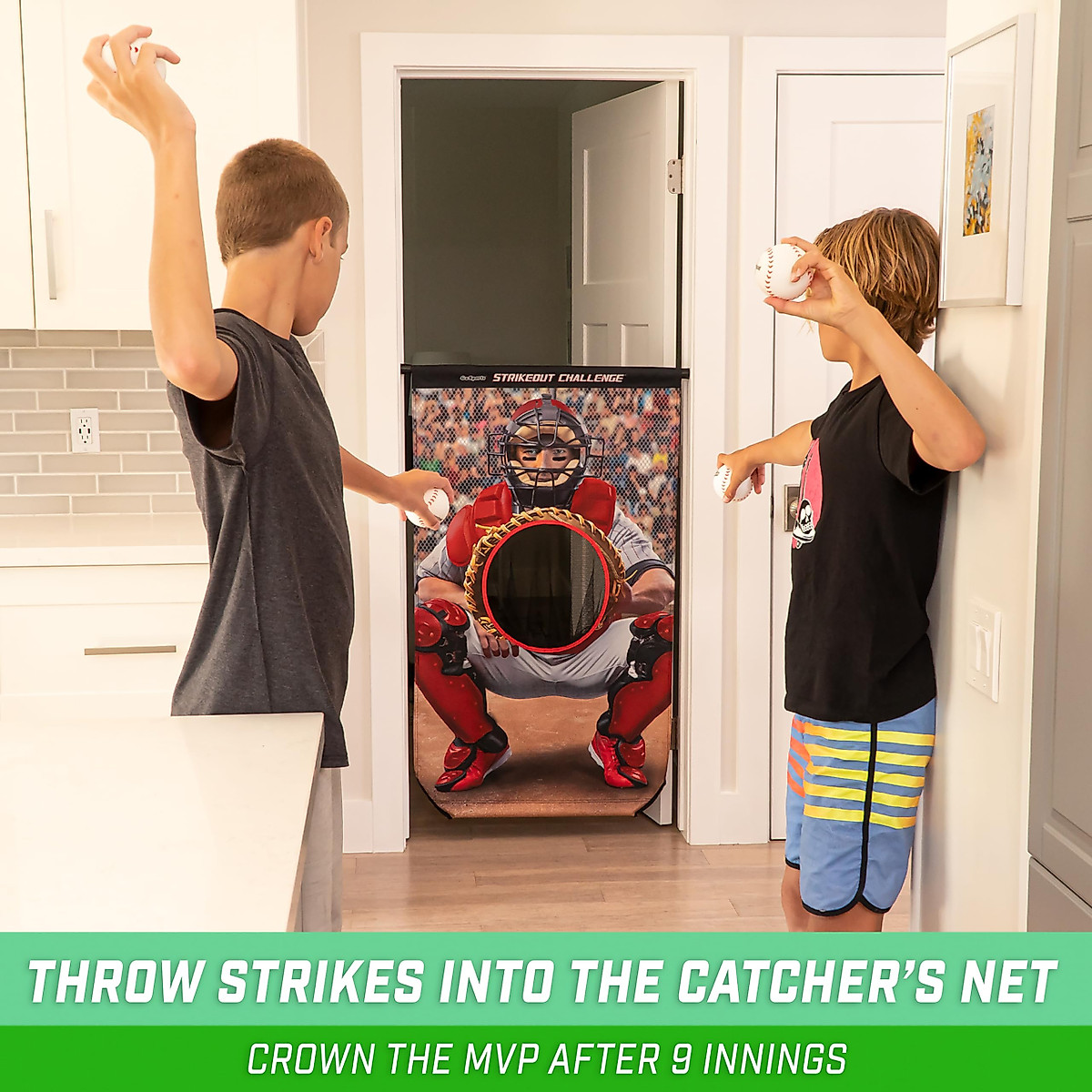 GoSports Strikeout Challenge Baseball Toss Doorway Game - Includes Universal Door Frame Tension Rod and Inflatable Baseballs with Ball Pump
