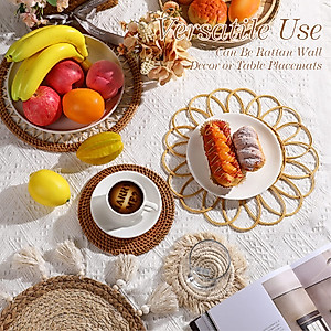 Set of 7 Wall Basket Decor Boho Wall Hanging Decor Rattan Wall Decor Flat Round Woven Macrame Tassels White Tapestry Bamboo Wall Basket Serving Tray Art Handmade Set for Room Bedroom Living Room