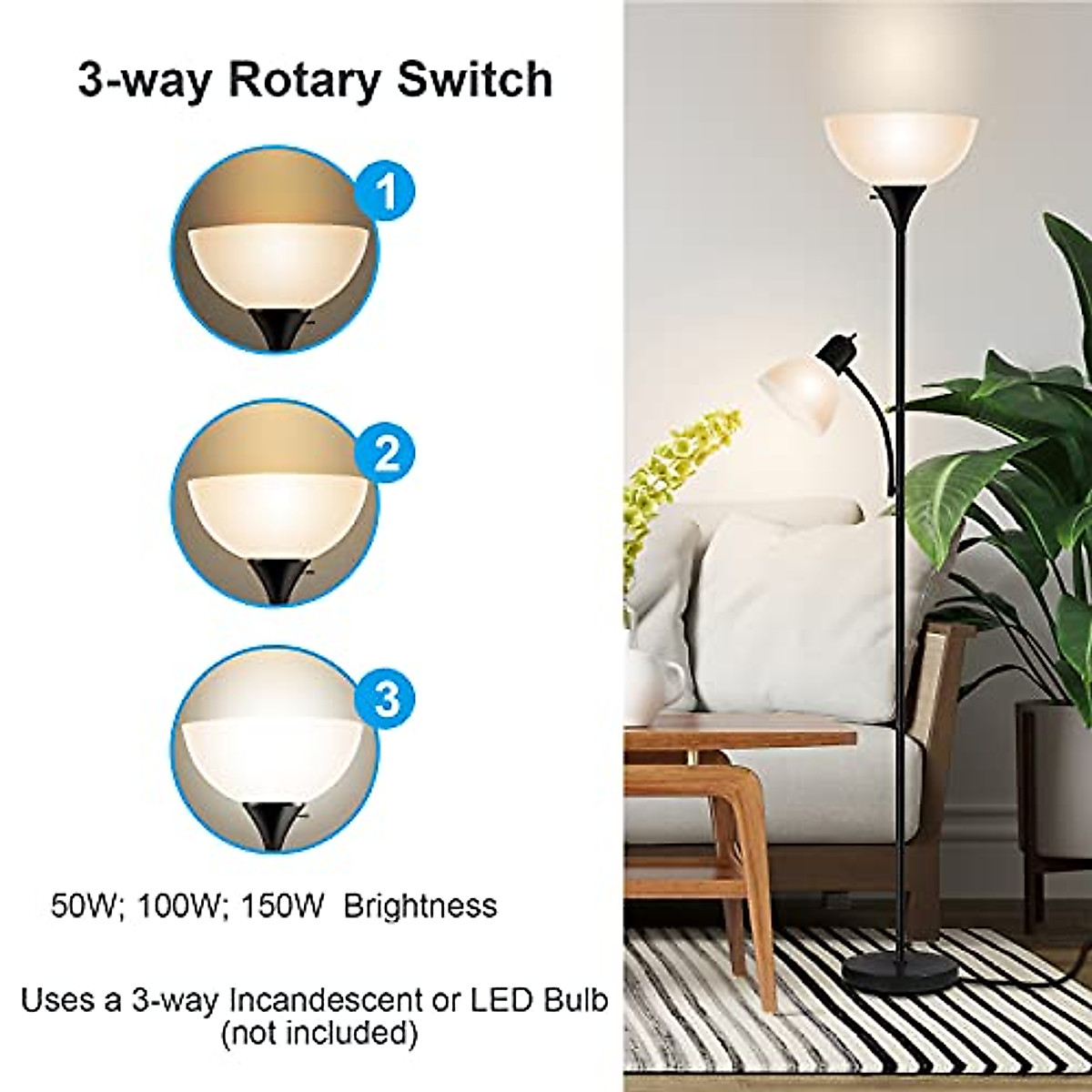 THOVAS Floor Lamp Free Stand Floor Lamp 3-Way 150W Main Uplight and Adjustable Reading Light for Living Room/Office/Bedroom by ONEXT