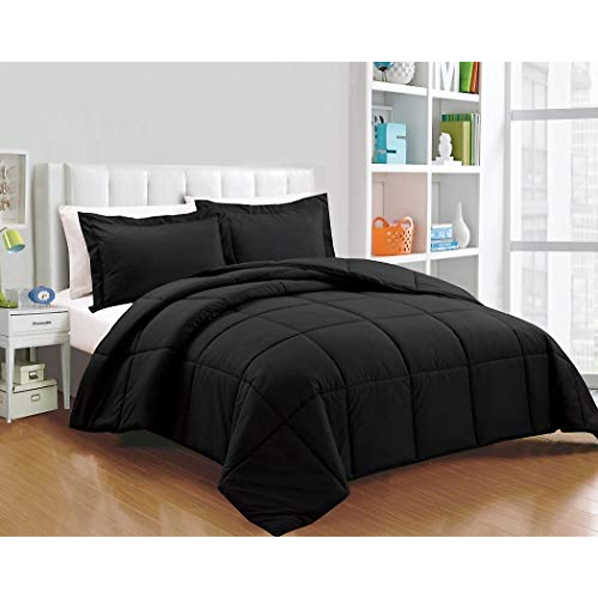 Chezmoi Collection 3-Piece Down Alternative Comforter Set (Queen, Black)