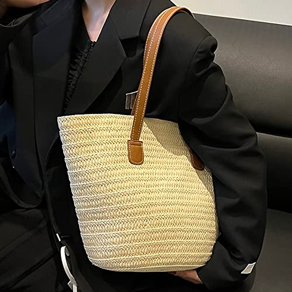 Juoxeepy Straw Bag for Women Summer Beach Bag Soft Woven Tote Bag Straw Purse Handmade Beach Bag Woven Rattan Shoulder Bag for Vacation