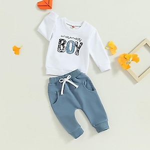 Toddler Baby Boy Clothes Mamas Boy Fall Winter Outfit Long Sleeve Letter Sweatshirt Plaid Jogger Pants Newborn Set (Mamas Boy White, 0-6 Months)