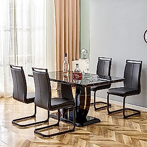 63" Marble Dining Table for 6 People,63" Kitchen Table with Imitation Marble Grain MDF Table Top & U-Shaped Supports & Grey Wooden Base Modern Dining Room Table Grey Dining Table