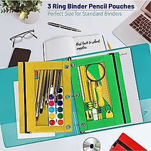 Pencil Pouch for 3 Ring Binder, Bulk 6 Pack Binder Pencil Pouch with Zipper, 3 Ring Pencil Pouch with Clear Window, Durable Cloth 3 Holes Zippered Pencil Pouch for Office School College Supplies