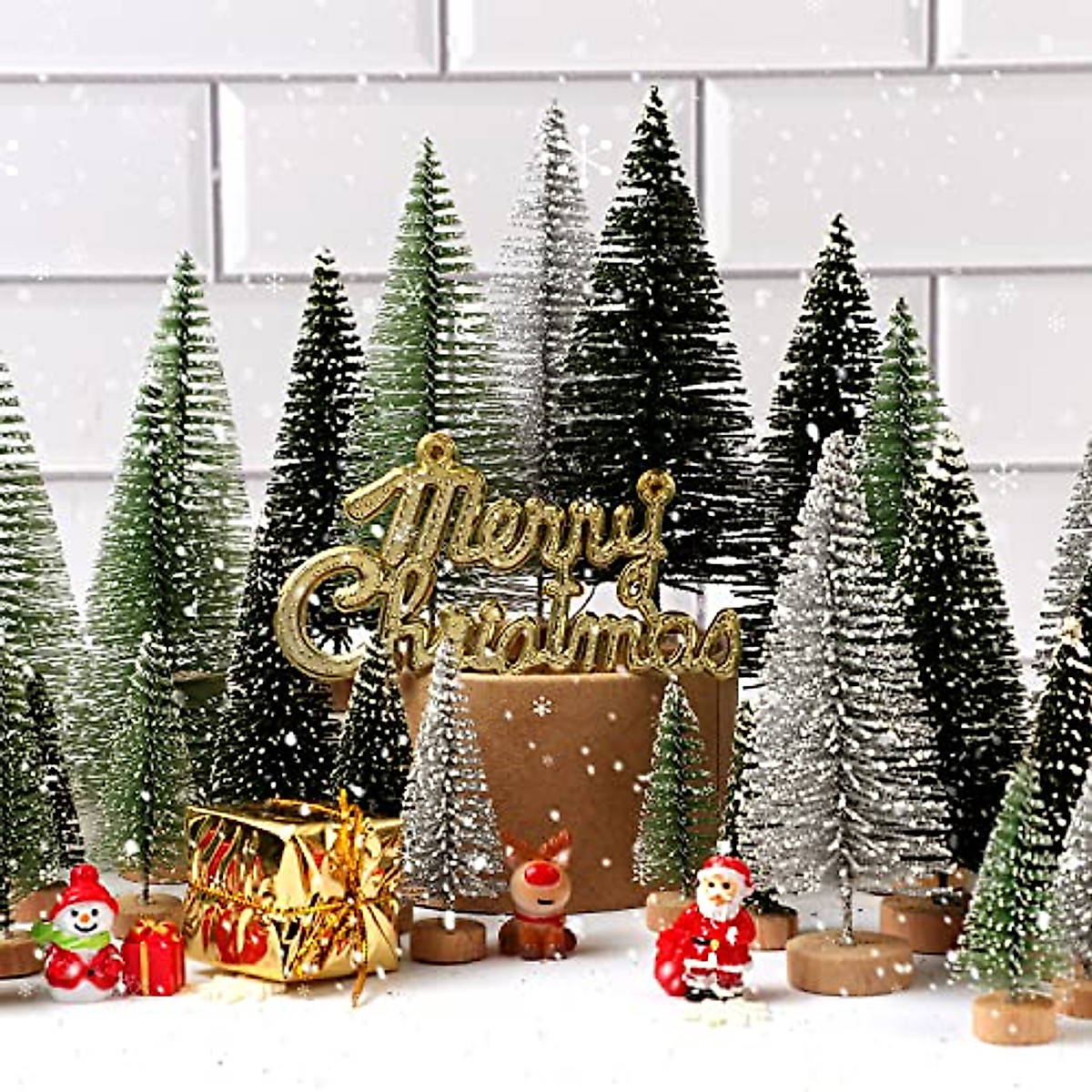 30Pcs Mini Christmas Trees - Artificial Christmas Tree Bottle Brush Trees Christmas with 5 Sizes, Sisal Snow Trees with Wooden Base for Christmas Decor Christmas Party Home Table Craft Decorations (2)