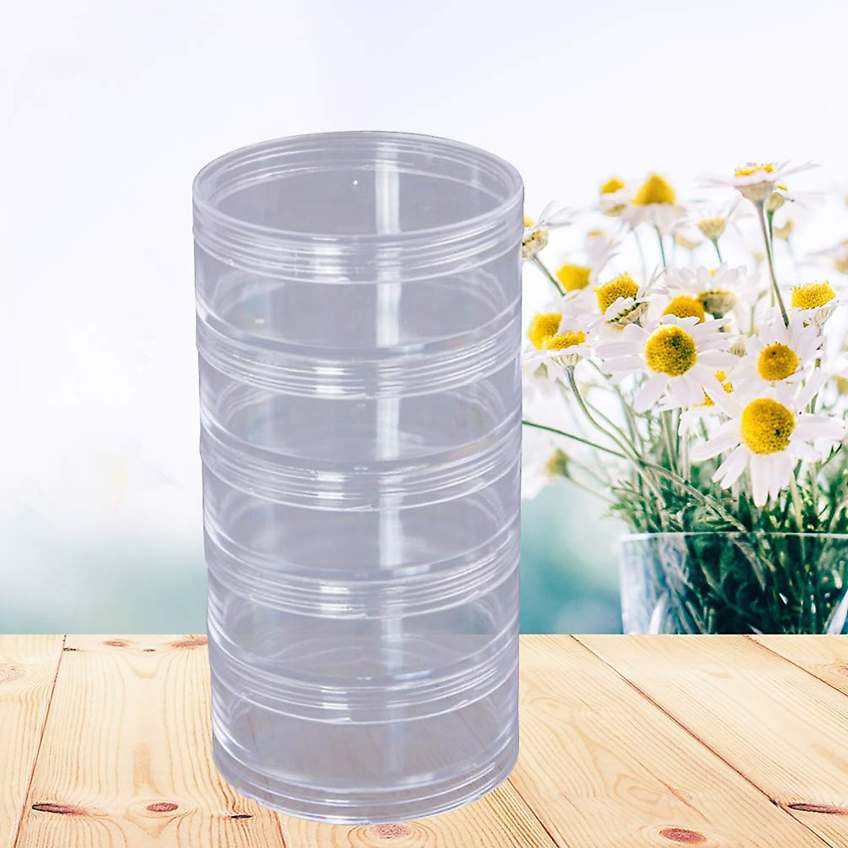 Exceart Craft Beading Case 5 Layer Clear Plastic Box with Lid Stackable Round Box for Beads Crafts Earring Jewelry Findings Commemorative Coin Nail Art Rhinestones Boxes