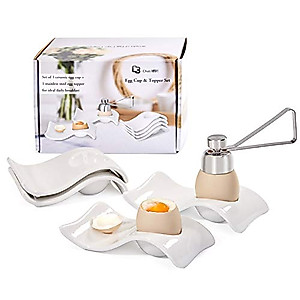 ChasBete Ceramic Egg Cup, Egg Cups for Soft Boiled Eggs, Soft Boiled Egg Holder 4 + 1 Egg Topper Cutter Soft Boiled Egg Cups Set