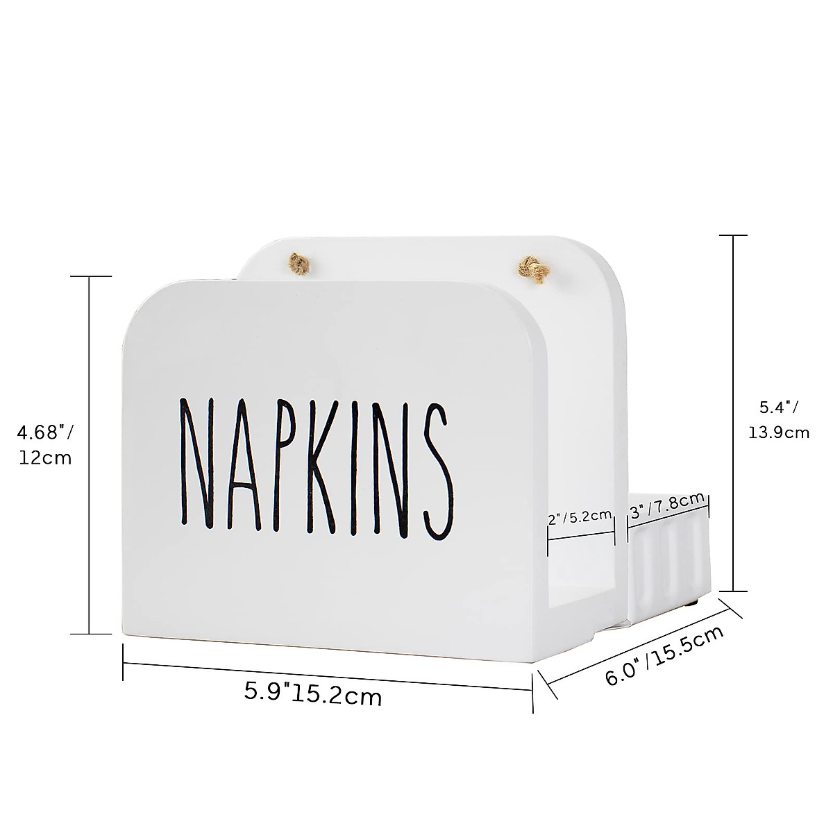 Karisky Rustic Napkin Holder with Salt and Pepper Shakers Holder, Boho 2-in-1 Solid Real Wood and Metal Napkin Caddy with Non-Slip Base for Tables, Kitchen Countertop, White