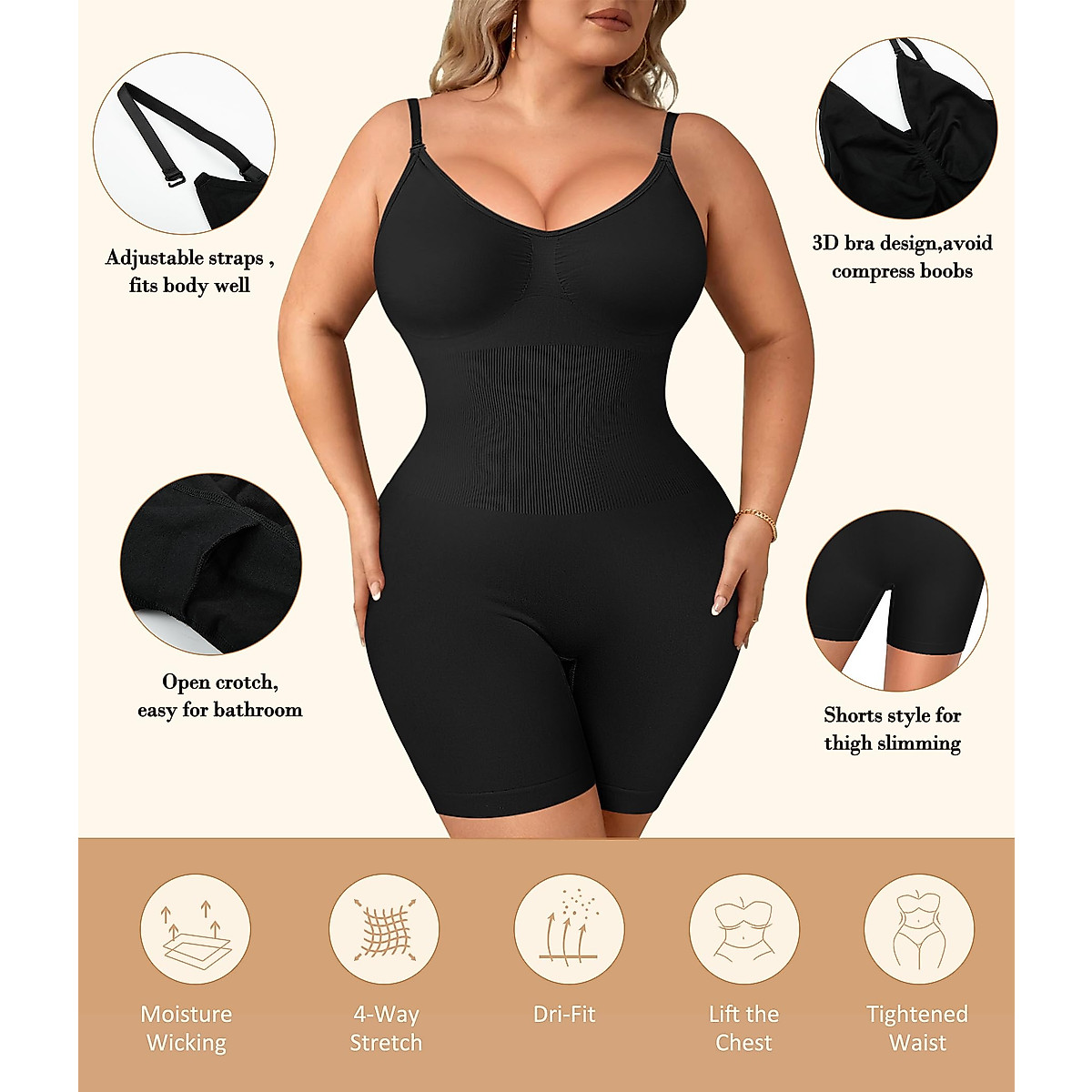 Irisnaya Women Slimming Bodysuits Shapewear Tops Tummy Control Body Shaper Spaghetti Strap Camisole Leotards Bodycon Jumpsuit (Black Mid Thigh, X-Small/Small)