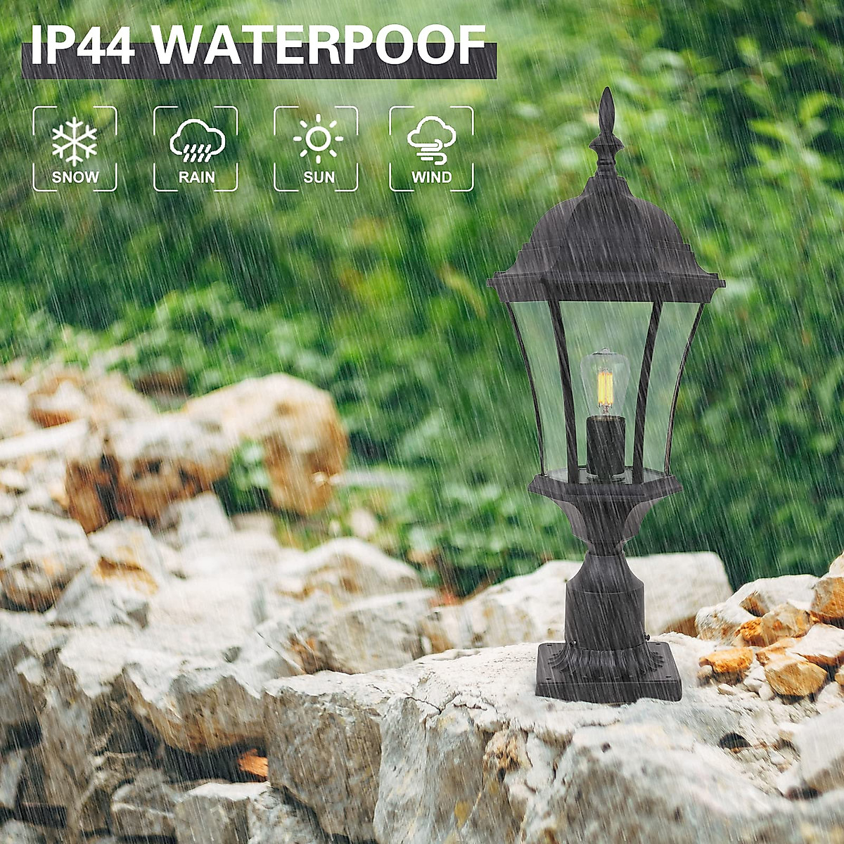 GOALPLUS 24" Aluminum Outdoor Post Light with 3" Fitter Base for Post Pole Mount, 2 Pack Black Exterior Pole Lantern Lights with Seeded Glass, Large Outside Post Lamp for Yard Garden
