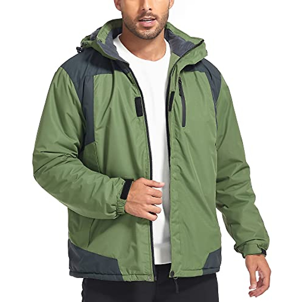 Mens Winter Jackets Ski Snow Coats Warm Fleece Lined Waterproof Windbreaker Softshell Hooded Jackets Raincoats Green 2XL