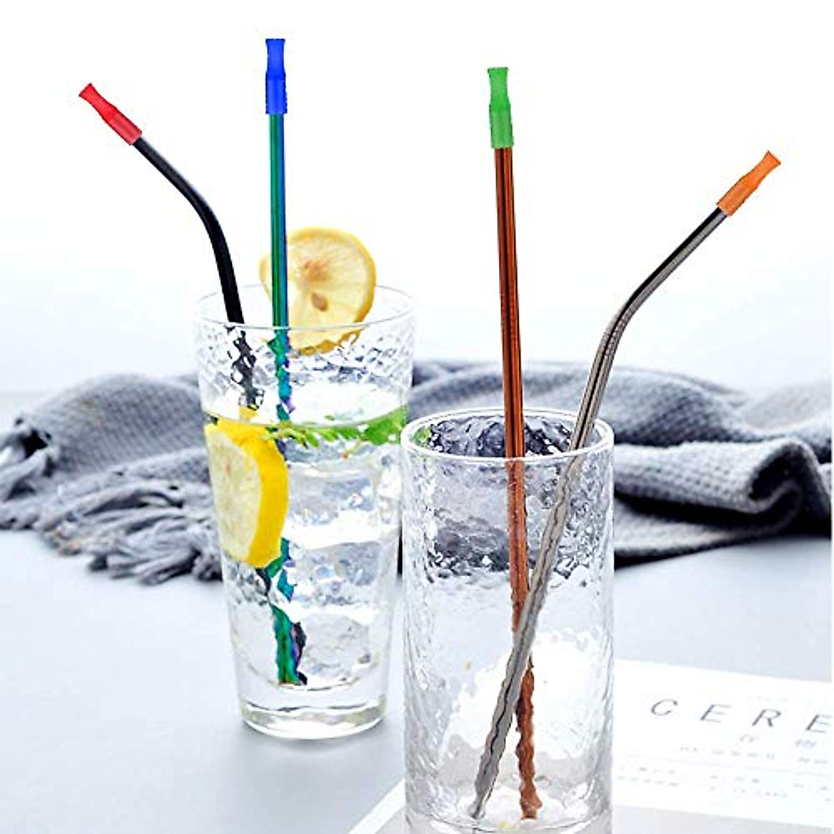 12 Pack Silicone Tips Reusable Straw Tips Multicolored Stainless Steel Straws Cover with 24Pcs Anti-slip Silencers for 1/4’’ (6mm) Wide Stainless Steel Drinking Straws