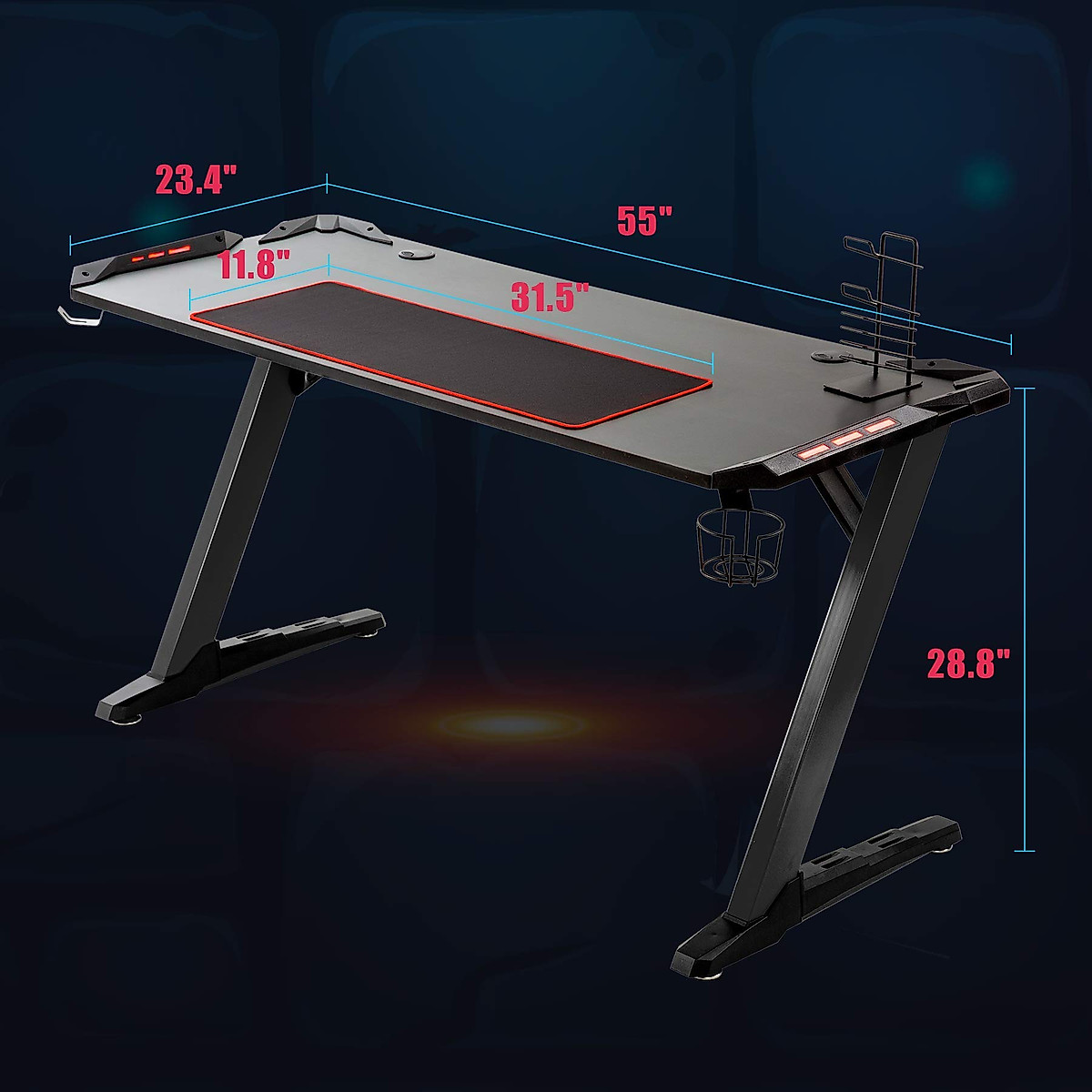 CO-Z 55 Inch Gaming Desk, Z Shaped Gaming Table with 6-Color RGB Lighting, Large Mouse Pad, Controller Stand, Cup Holder & Headphone Hook, Writing Desk Computer Desk for Home Office and More, Black