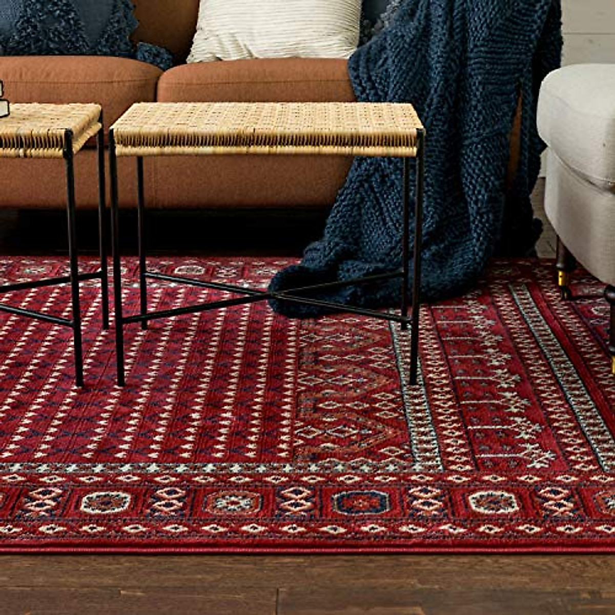 Well Woven Aldo Crimson Red & Blue Bokhara Tribal Area Rug 5x7 (5'3" x 7'3")