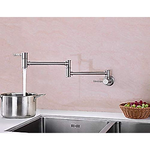 GICASA Pot Filler Faucet Wall Mounted, Double Joint Swing Arm Single Hole Pot Filler Faucet Brushed Nickel, Two Handles Brass Folding Stretchable Kitchen Faucet Pot Filler