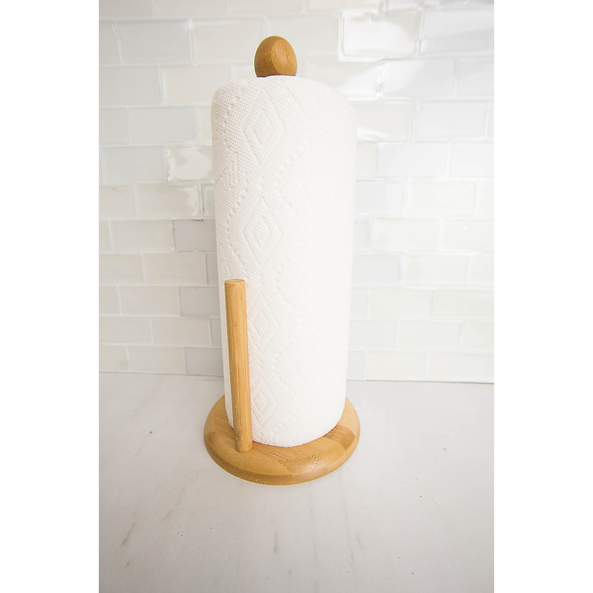 Home Basics Easy Tear Bamboo Dispenser Organizing Stand, Weighted Base, Beige Paper Towel Holder, Natural